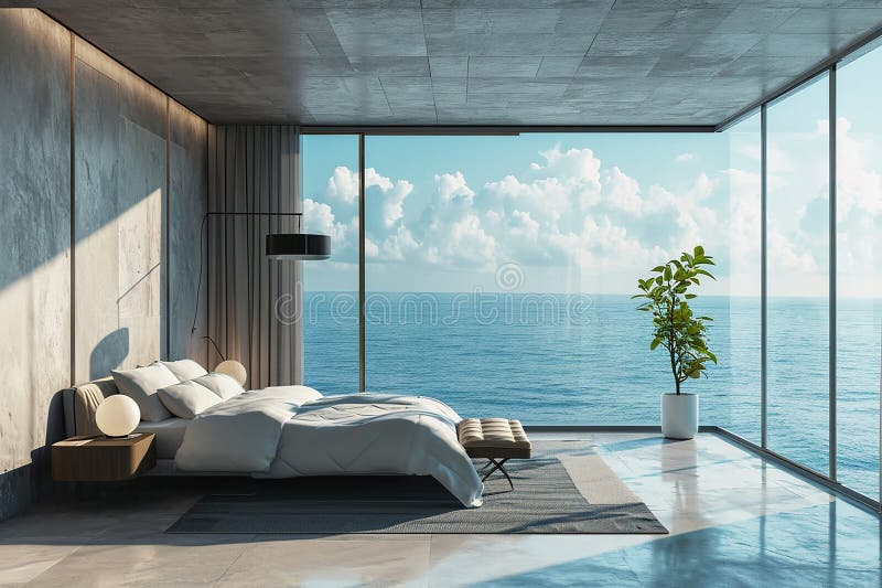 Minimalist Bedroom with Panoramic Ocean Sea View: Modern Coastal ...