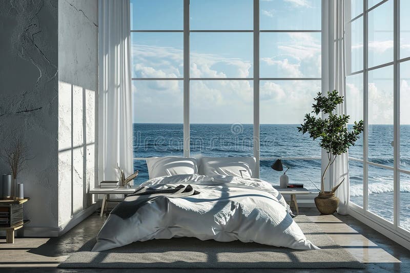 Minimalist Bedroom with Panoramic Ocean Sea View: Modern Coastal ...