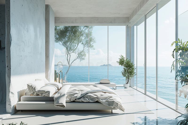Minimalist Bedroom with Panoramic Ocean Sea View: Modern Coastal ...