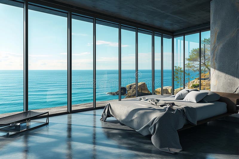 Minimalist Bedroom with Panoramic Ocean Sea View: Modern Coastal ...
