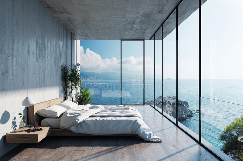 Minimalist Bedroom with Panoramic Ocean Sea View: Modern Coastal ...