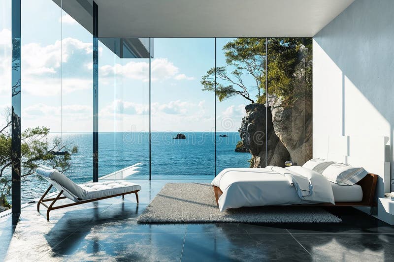Minimalist Bedroom with Panoramic Ocean Sea View: Modern Coastal ...