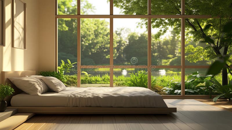 A Minimalist Bedroom with a Platform Bed and a Large Window Stock ...