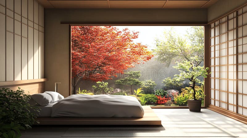 A Minimalist Bedroom with a Platform Bed and a Large Window Stock Photo ...