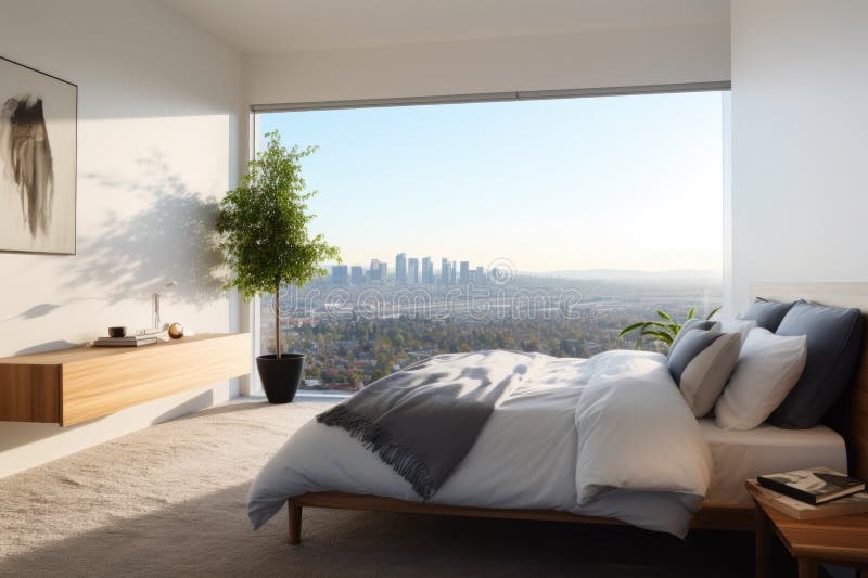 A Minimalist Bedroom with a View Overlooking the City Stock Photo ...
