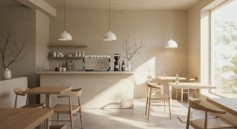 Minimalist Beige Cafe Interior with Sunlight Stock Illustration ...