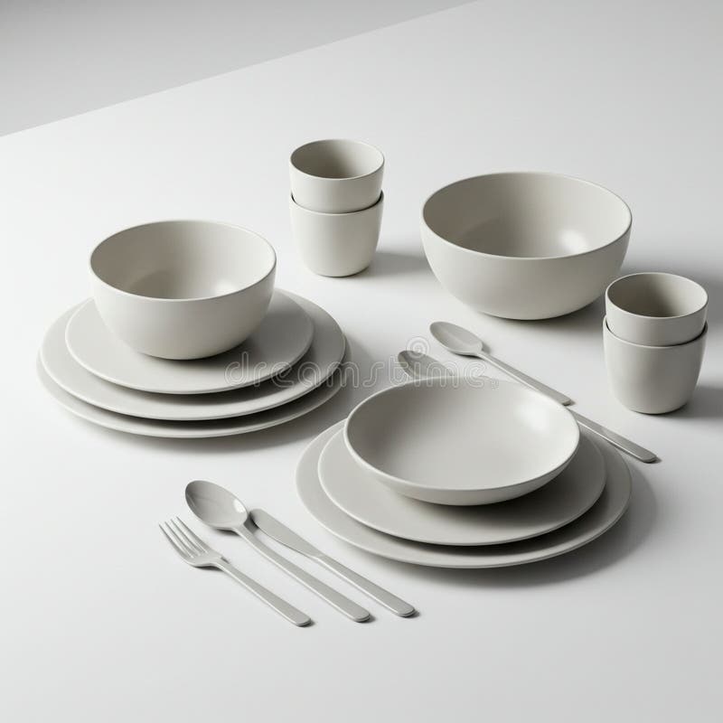 Minimalist Beige Dinnerware Set with Four Plates, Three Bowls, and ...