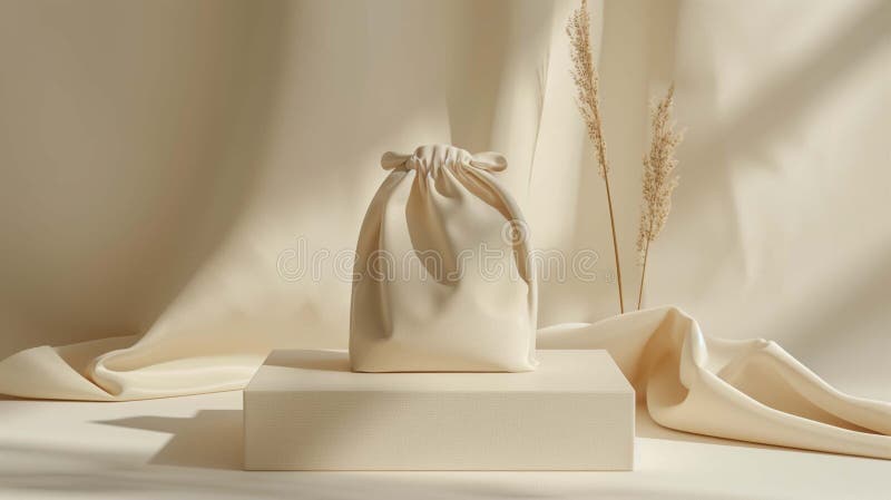 Minimalist Beige Drawstring Bag Mockup on Elevated Platform Pampas ...