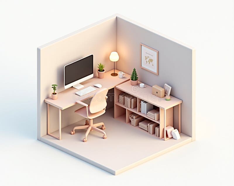 Minimalist Beige Home Office Isometric 3D Render Stock Illustration ...