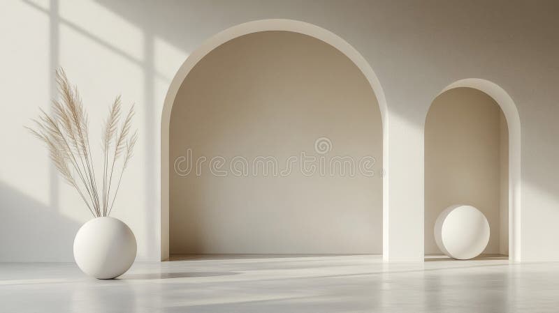 Minimalist Beige Interior with Arches and Sphere Stock Illustration ...
