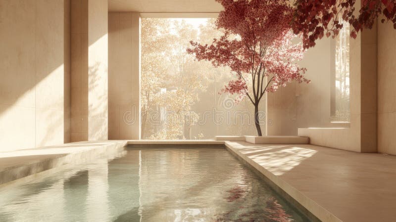 Minimalist Beige Interior with Autumnal Tree and Pool Stock ...