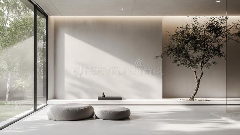 Minimalist Beige Interior Design with Natural Light and Tree Stock ...