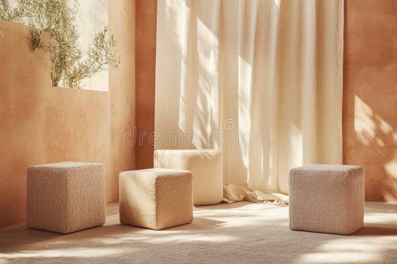 Minimalist Beige Interior with Soft Light and Modern Cube Seats Stock ...