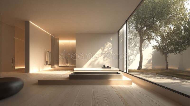 Minimalist Beige Spa Interior with Sunlight and Tree Stock Illustration ...