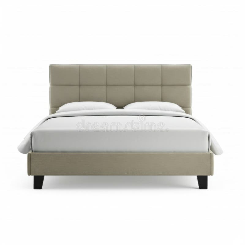 Minimalist Beige Upholstered Bed with Cushioned Headboard and White ...