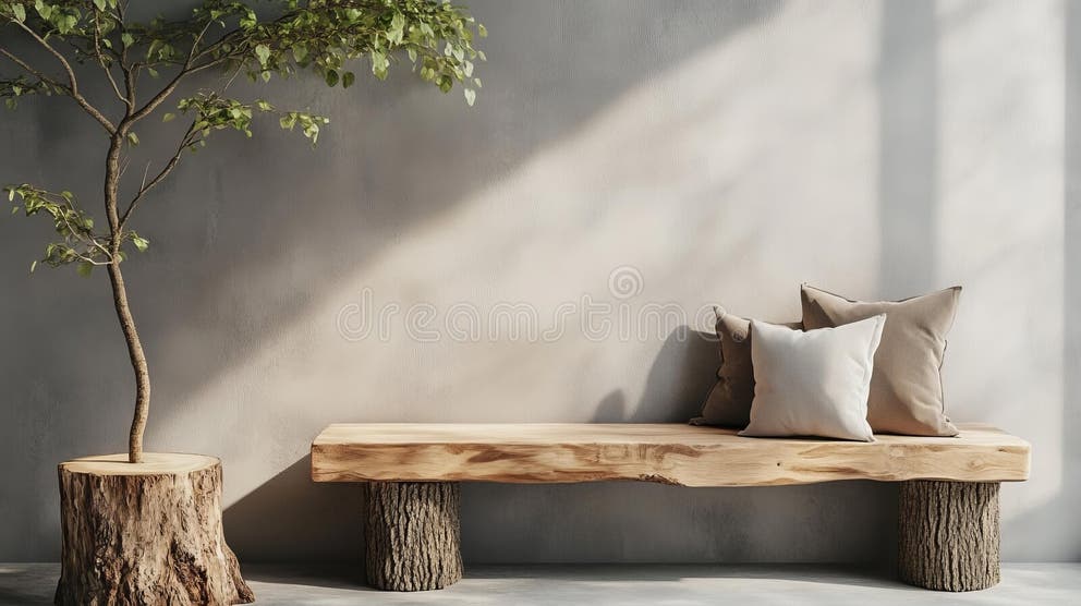 Minimalist Bench with Cushions and Tree Trunk Table in Studio Light ...