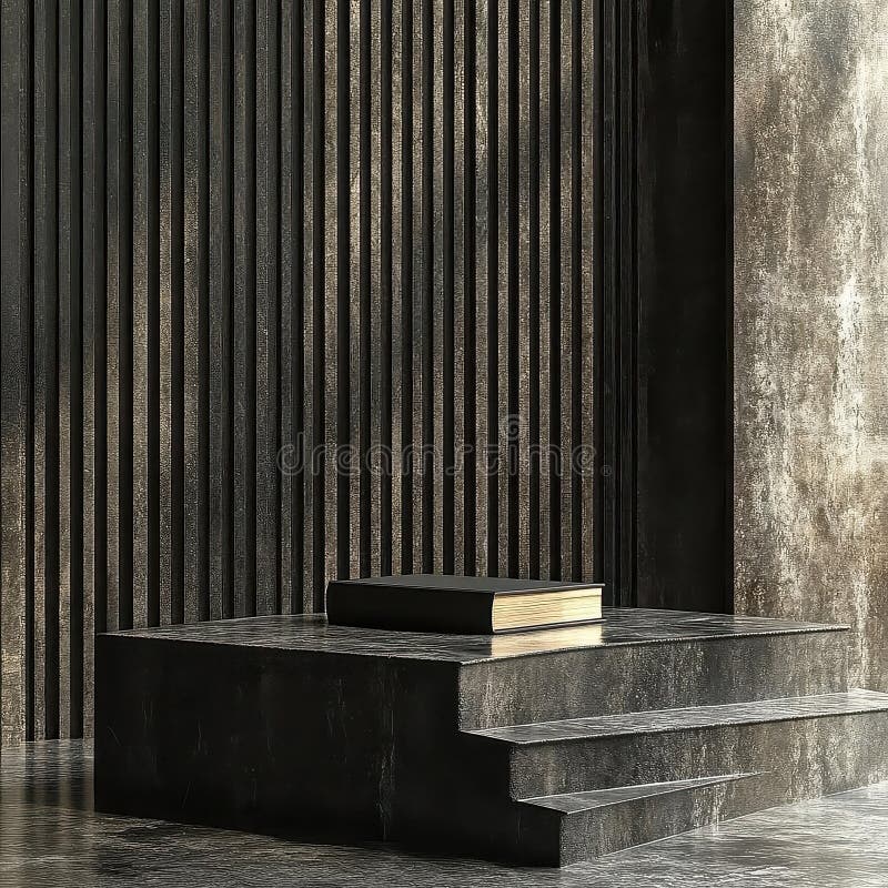 Minimalist Black Book on Stone Steps with Dark Background, Modern ...