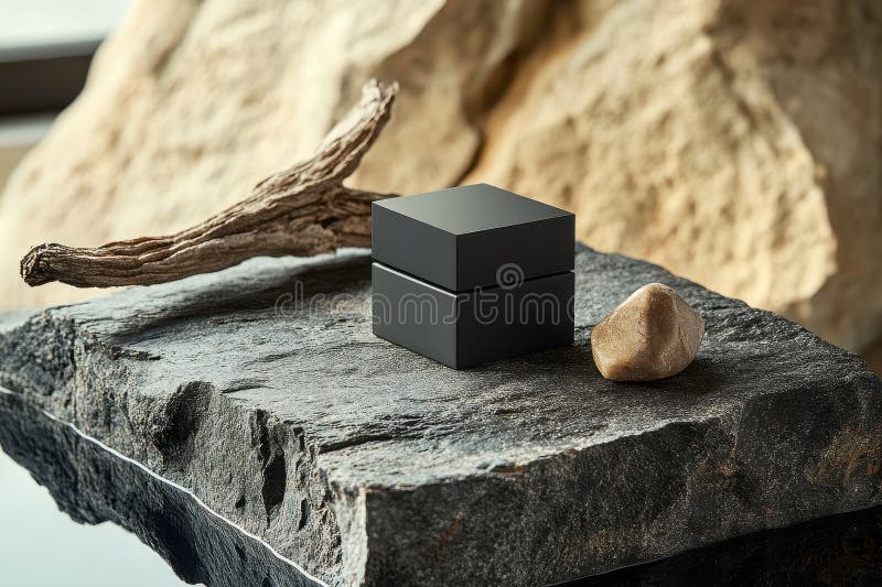 A Minimalist Black Box on a Textured Stone Surface with Natural ...