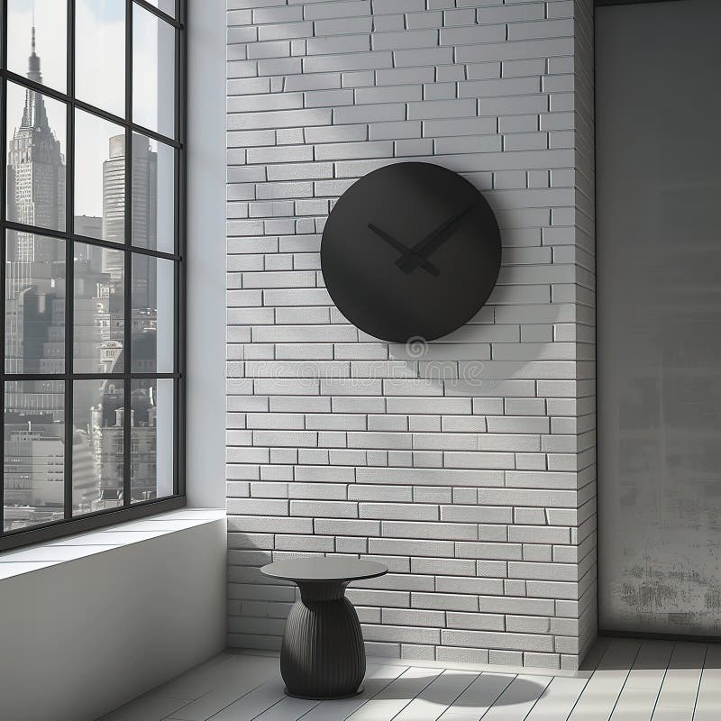 Minimalist Black Clock on White Brick Wall in Modern Room with City ...