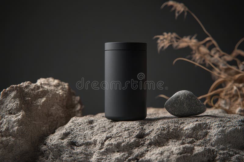 A Minimalist Black Container beside a Smooth Stone on a Textured ...