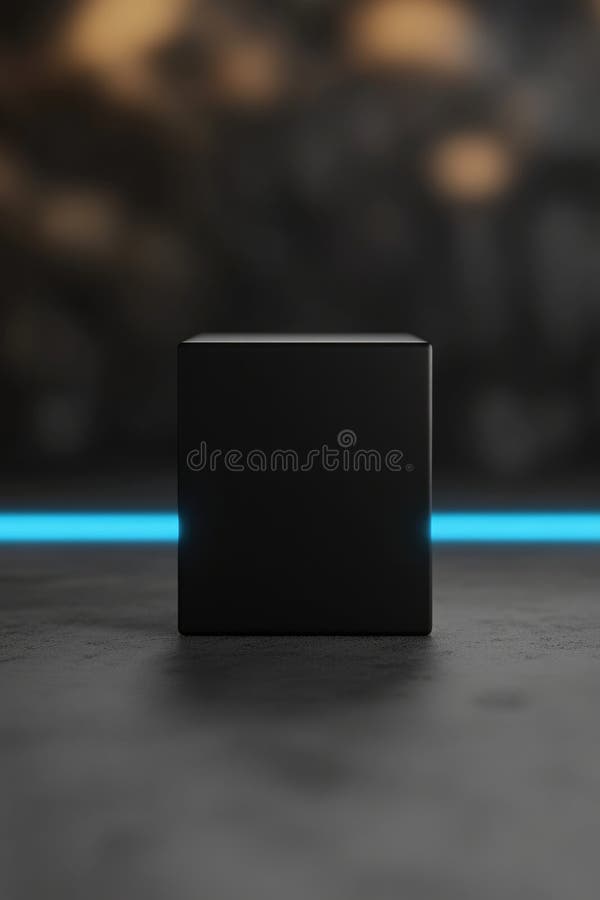 Minimalist Black Cube on Modern Surface with Blue Neon Light Stock ...