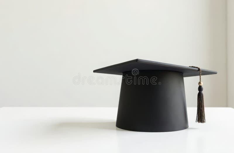 Minimalist Black Graduation Cap on White Table in Modern Academic ...