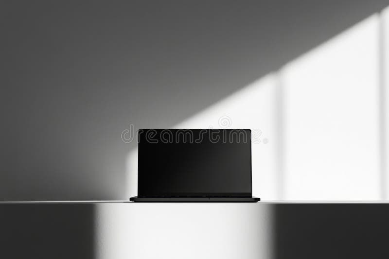 Minimalist Black Laptop on Reflective Surface with Dramatic Lighting ...
