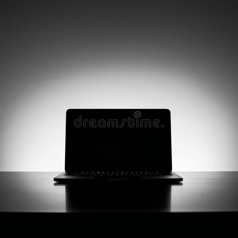 Minimalist Black Laptop Silhouette on Reflective Surface with Backlit ...
