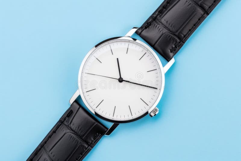 Minimalist Black Leather Strap Watch on Light Blue Background Stock ...