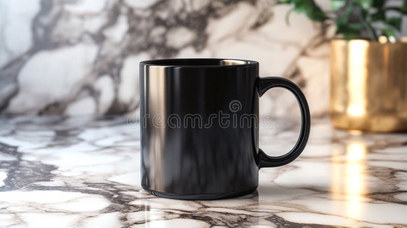 Minimalist Black Mug Standing on Marble Table with Potted Plant in ...