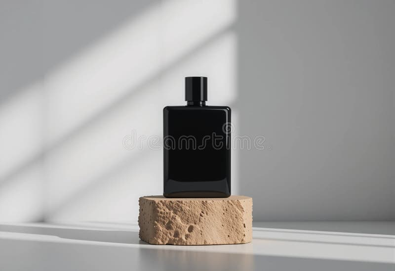 Minimalist Black Rectangular Perfume Bottle on Natural Stone Base with ...