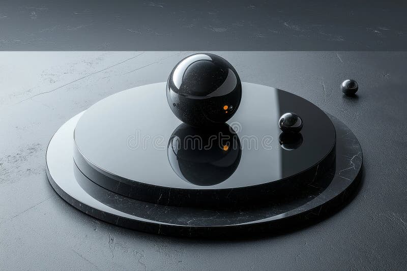 Minimalist Black Spheres on a Reflective Circular Platform Stock Photo - Image of design ...