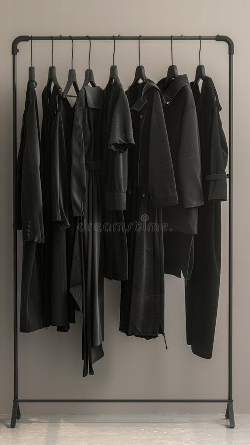 Minimalist Black Spring Wardrobe on a Clothing Rack, Elegant and ...