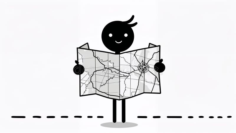 Minimalist Black Stick Figure Holds an Unfolded Map with Both Hands ...