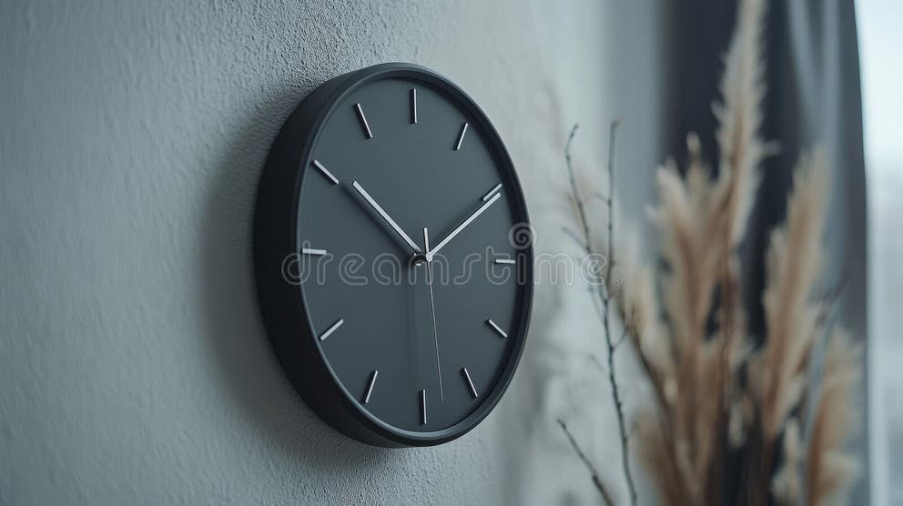 Minimalist Black Wall Clock on a Textured White Wall. Stock Photo ...