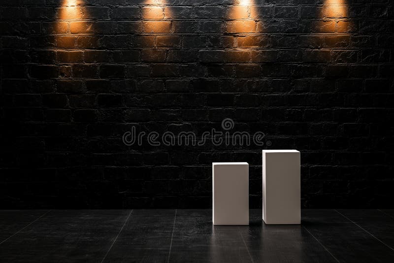 Minimalist Black Wall with Spotlights Illuminating Two White Cube ...