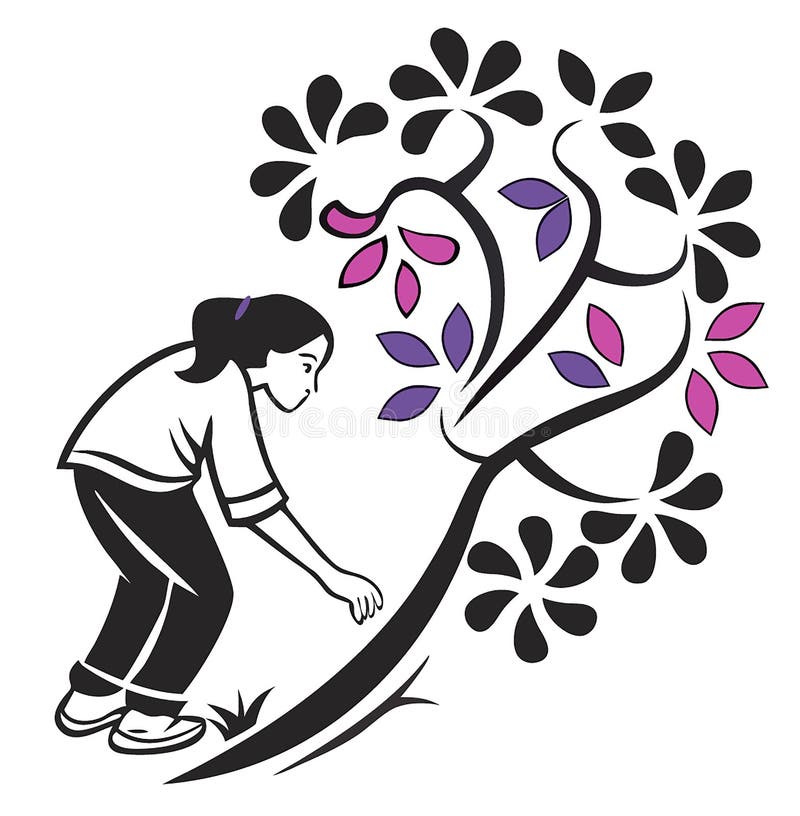 Minimalist Black and White Cartoon of Girl with Abstract Tree. Stock ...