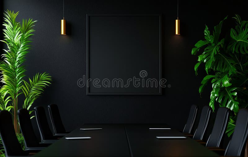 Minimalist Black and White Conference Room Featuring Large Empty Frame ...