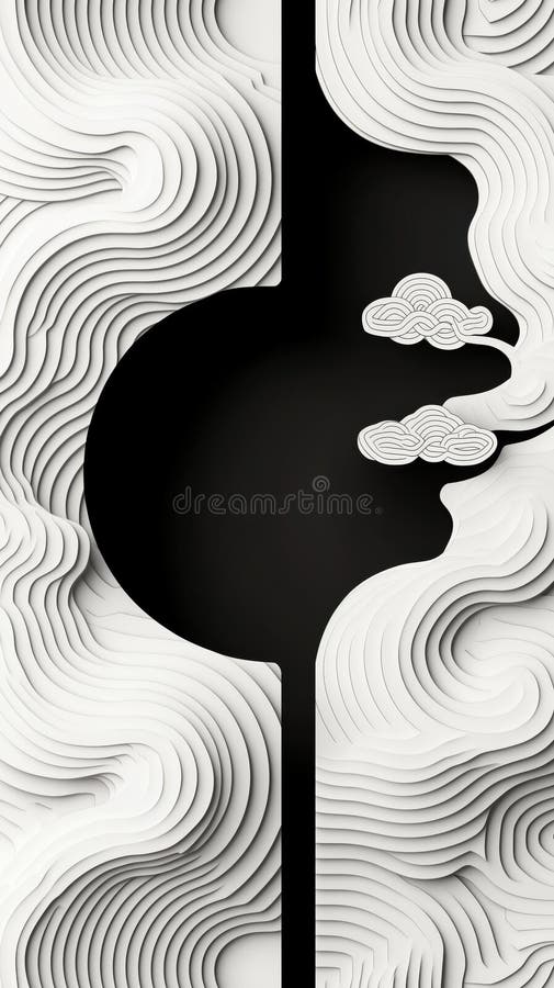 Minimalist Black and White Design Featuring Flowing Patterns and Clouds ...