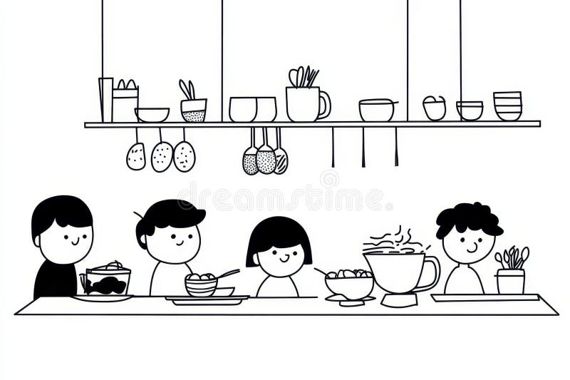 Minimalist Black and White Illustration of Children Cooking in a ...