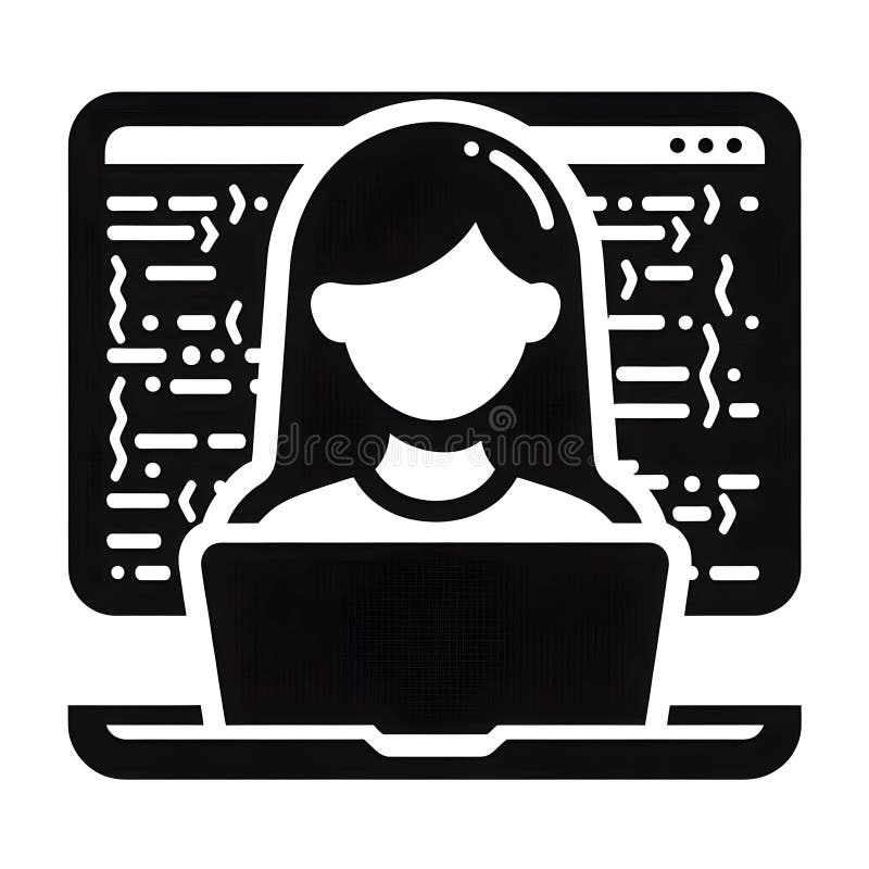 Minimalist Black-and-white Illustration of a Female Programmer Working ...