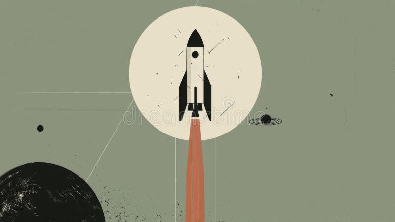A Minimalist Black and White Illustration of a Rocket Launch, Capturing ...