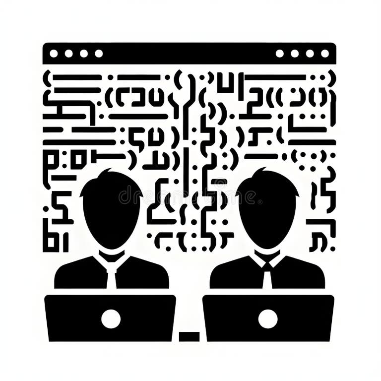Minimalist Black-and-white Illustration of Two Programmers Working on ...