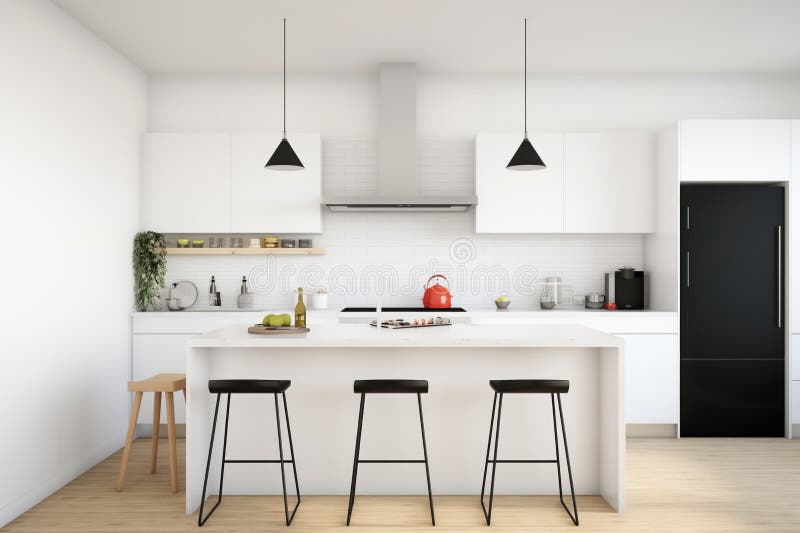Minimalist Black and White Kitchen with Clean Lines Stock Photo - Image ...