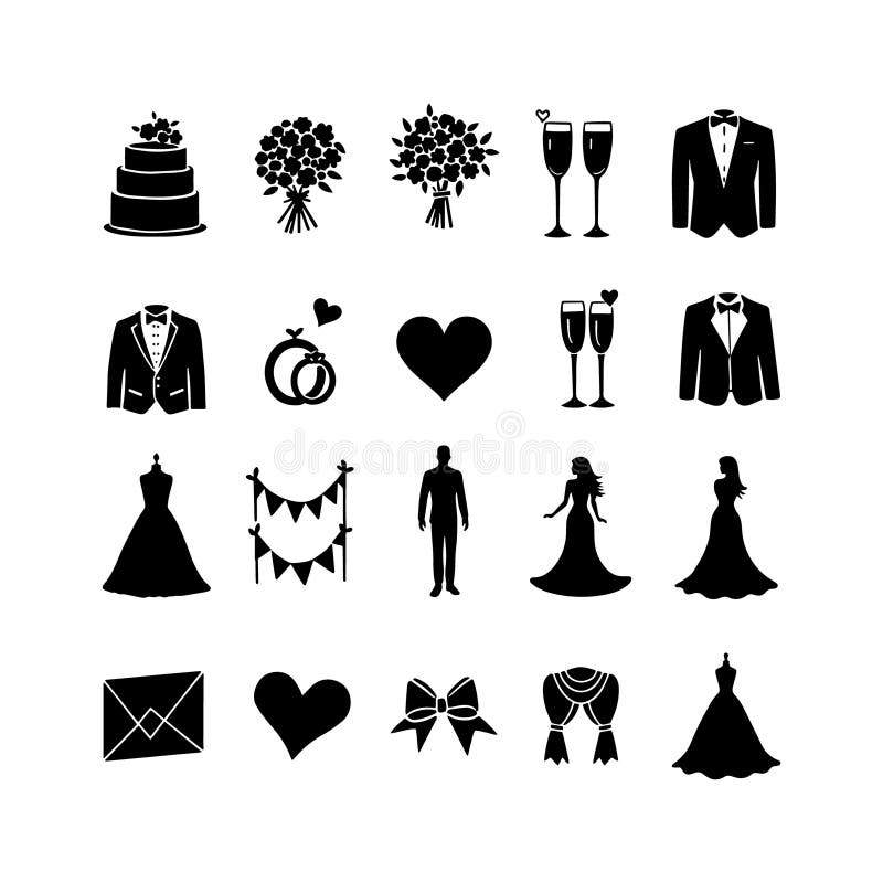 Elegant Black and White Wedding Icons Set Stock Vector - Illustration ...