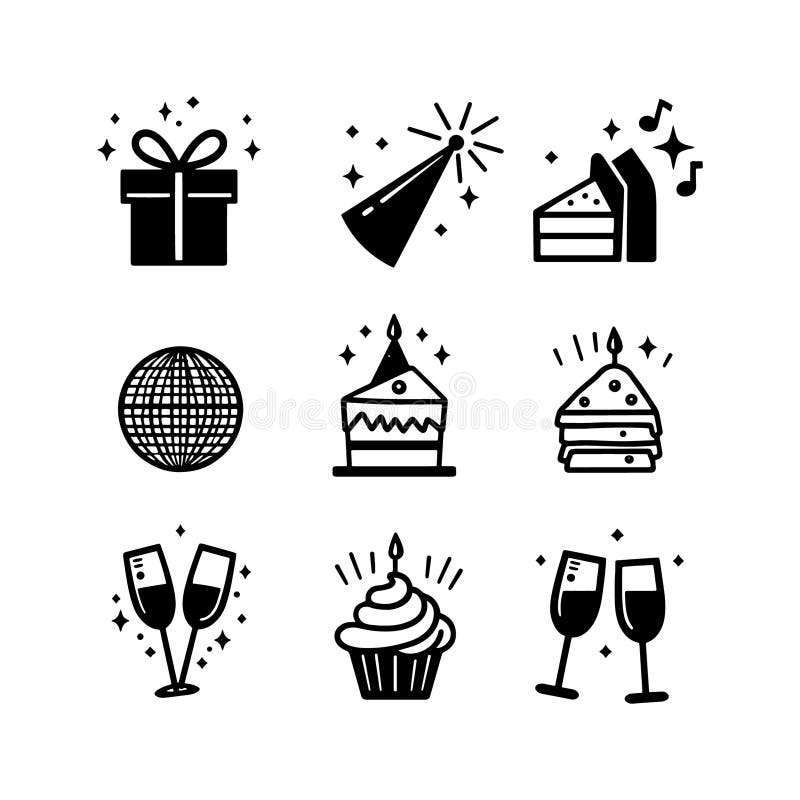 Minimalist Black-and-White Party Icon Set Stock Vector - Illustration ...