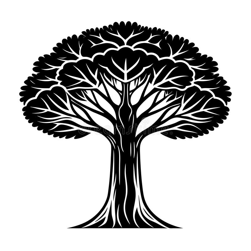 Stylized Black and White Tree Silhouette Illustration with a Round ...