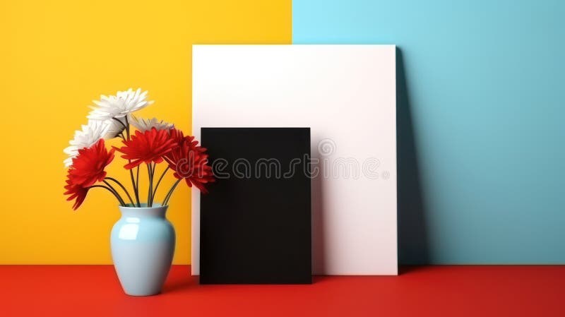 Minimalist Black and Yellow Square Empty Frame Mockup on Red Blue Wall ...