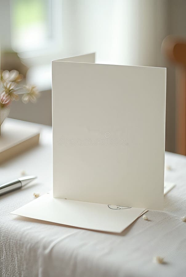 Minimalist Blank Greeting Card on Table with Pen and Subtle Floral ...