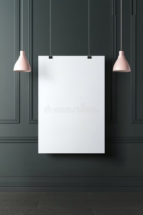 Minimalist Blank Poster on Dark Wall with Pink Pendant Lights Stock ...